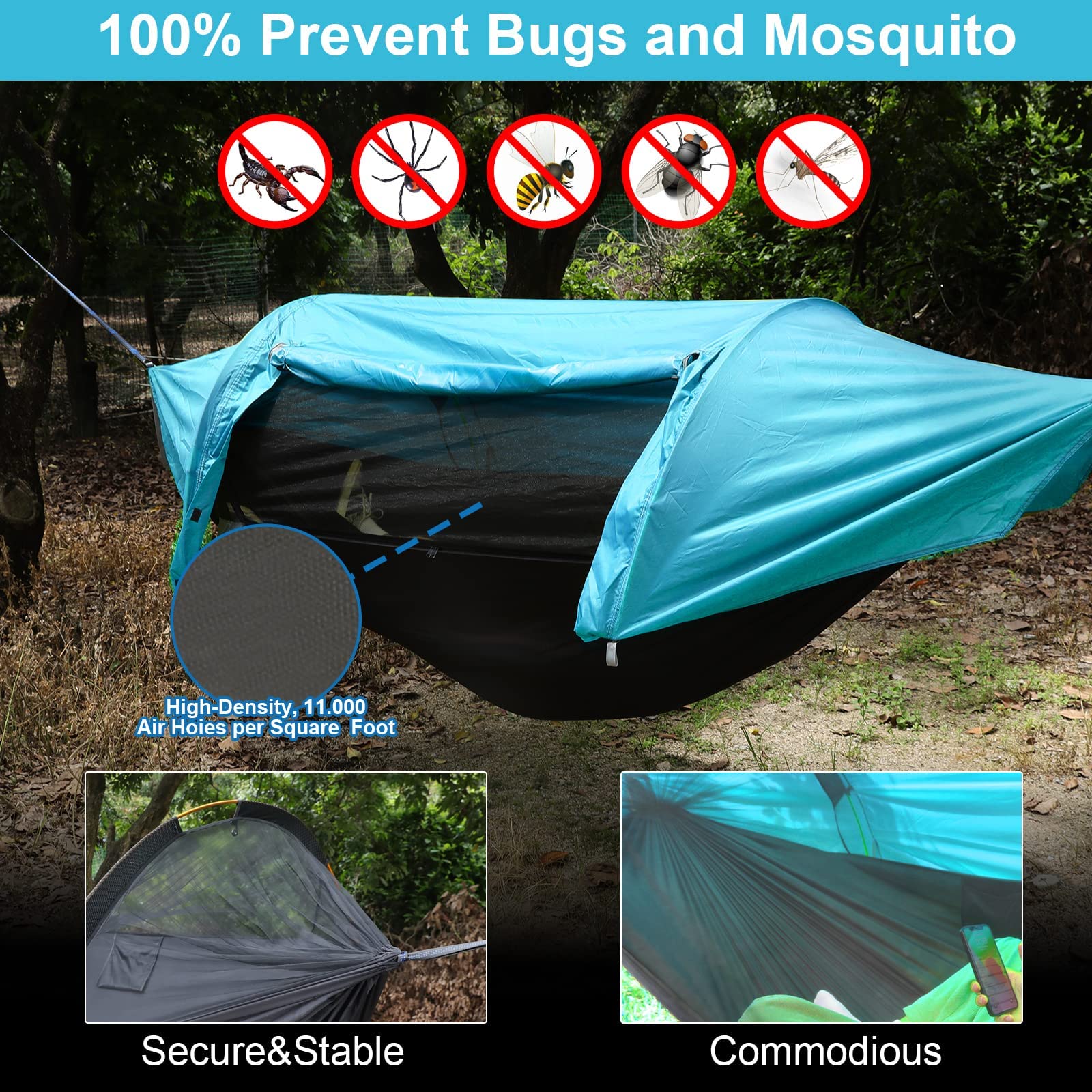 Camping Hammock Tent with Rain Fly Tarp and Mosquito Net Tree Straps,1-2 Persons Bivvy Hammock Set for Backpacking Hiking Travel Yard Outdoor Activities,Blue 108" x 60" x 24"