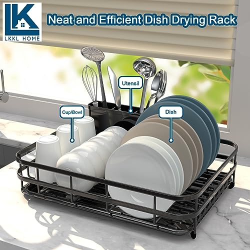 LKKL Dish Drying Rack, Large Capacity Dish Rack for Kitchen Counter, Extendable Dish Rack, Anti-Rust Stainless Steel Dish Drainer with Utensil Holder Cups Holder, Black
