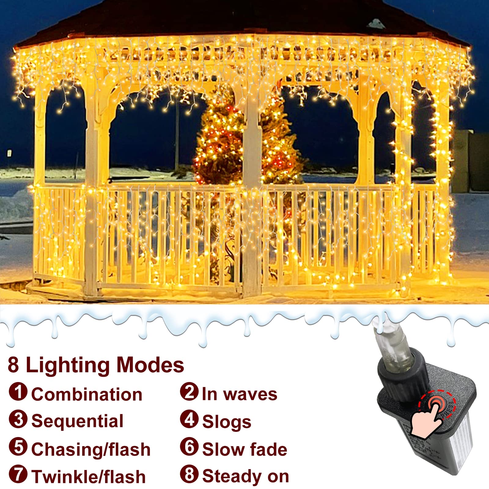 MO QIU E 456 LED Christmas Icicle Lights Outdoor Decor 35.4Ft 72 Drops 8 Modes Plug In Window Curtain Fairy String Dripping Light Decoration Home Holiday Indoor Eave Garden (Warm White)