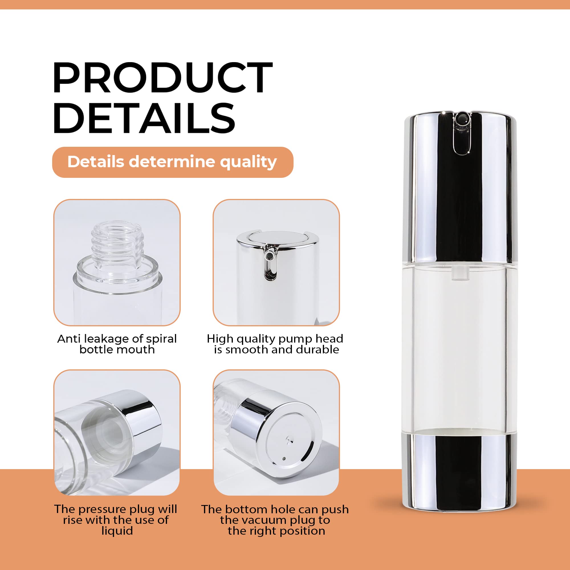 longway 15ml Airless Pump Bottle Silver Airless Cosmetic Cream Pump Bottle Travel Size Dispenser Refillable Containers(0.5oz,Pack of 6 )
