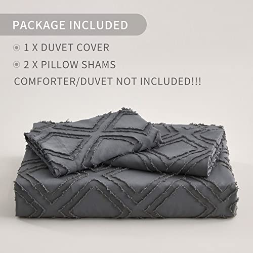 Maple&Stone Queen Duvet Cover Set, 3 Pieces Textured Tufted Boho Bedding Sets Zipper Closure Design with Ties, 1 Duvet Cover + 2 Pillow Shams, Comforter NOT Included (Dark Grey, Queen Size)