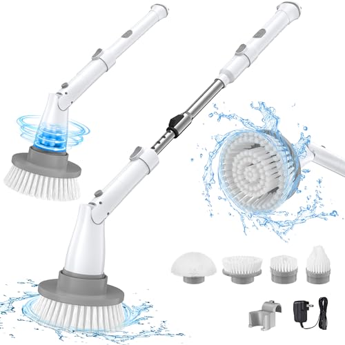 Eletalker Electric Spin Scrubber, 𝟮𝟬𝟮𝟰 𝗡𝗲𝘄 Cordless Cleaning Brush with 2 Adjustable Speeds, Extension Arm and 4 Replaceable Head, Shower Scrubber for Bathtub Tile Sink Bathroom Kitchen Grout