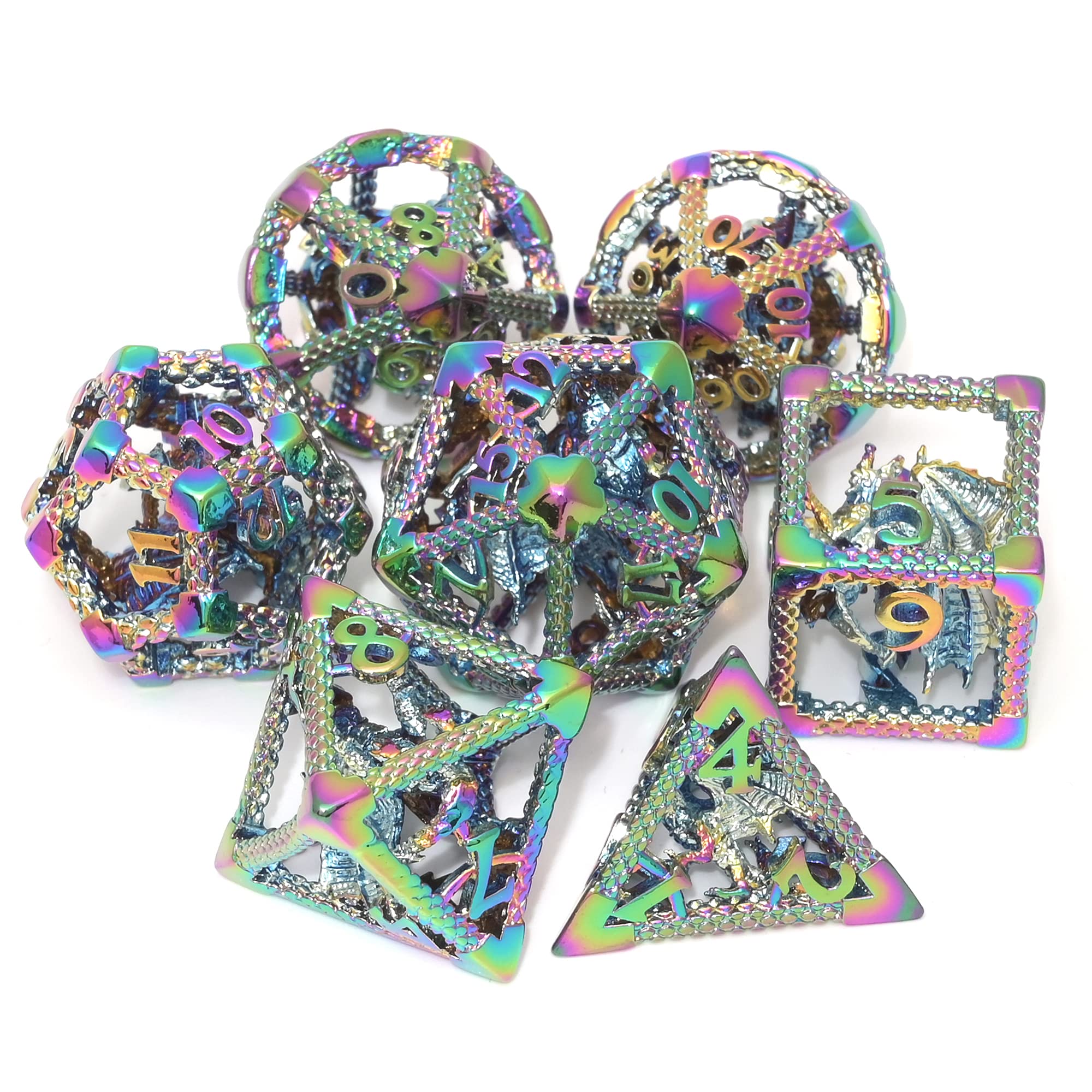 D&D Dice, Dungeons and Dragons Dice Metal DND Dice Set Polyhedral Hollow Role Playing D and D Starter Dice for RPG MTG Table Board Games Pathfinder Shadowrun Yahtzee (3D Dragon Rainbow White Number)