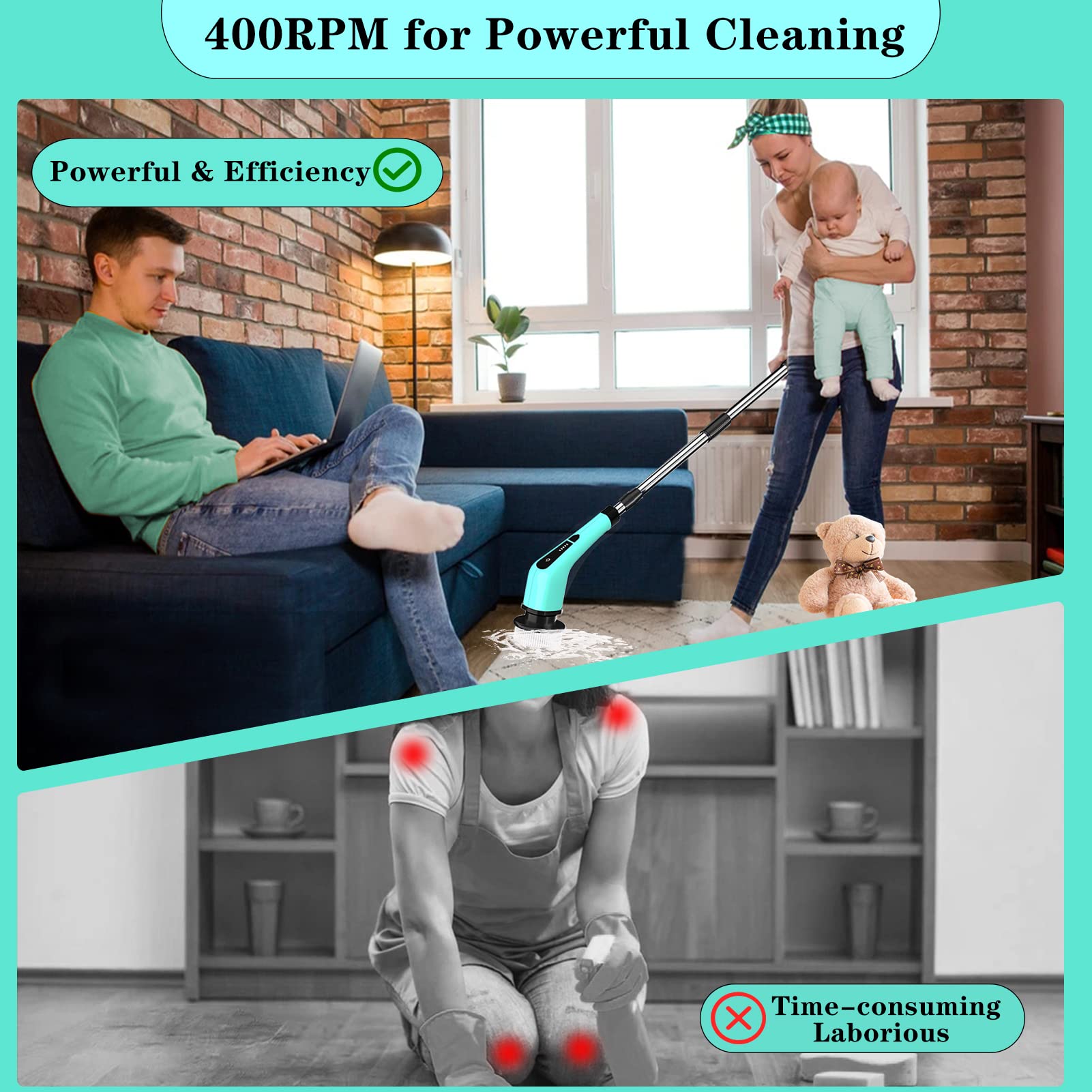 Electric Spin Scrubber, Cordless Bathroom Scrubber with Long Handle, Shower Scrubber for Cleaning with 7 Brush Heads, Power Wall Scrubber Suitable for Cleaning Wall, Kitchen, Bathroom, Window, Floor
