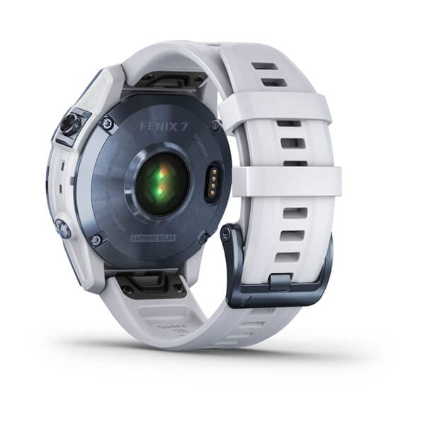 Garmin Fenix 7 Sapphire Solar Edition Smart Watch Mineral Blue Titanium with Whitestone Band (47mm) + Watch Charging Stand + USB Car/Wall Adapter + 6TH AVE Cleaning Kit (010-02540-24)