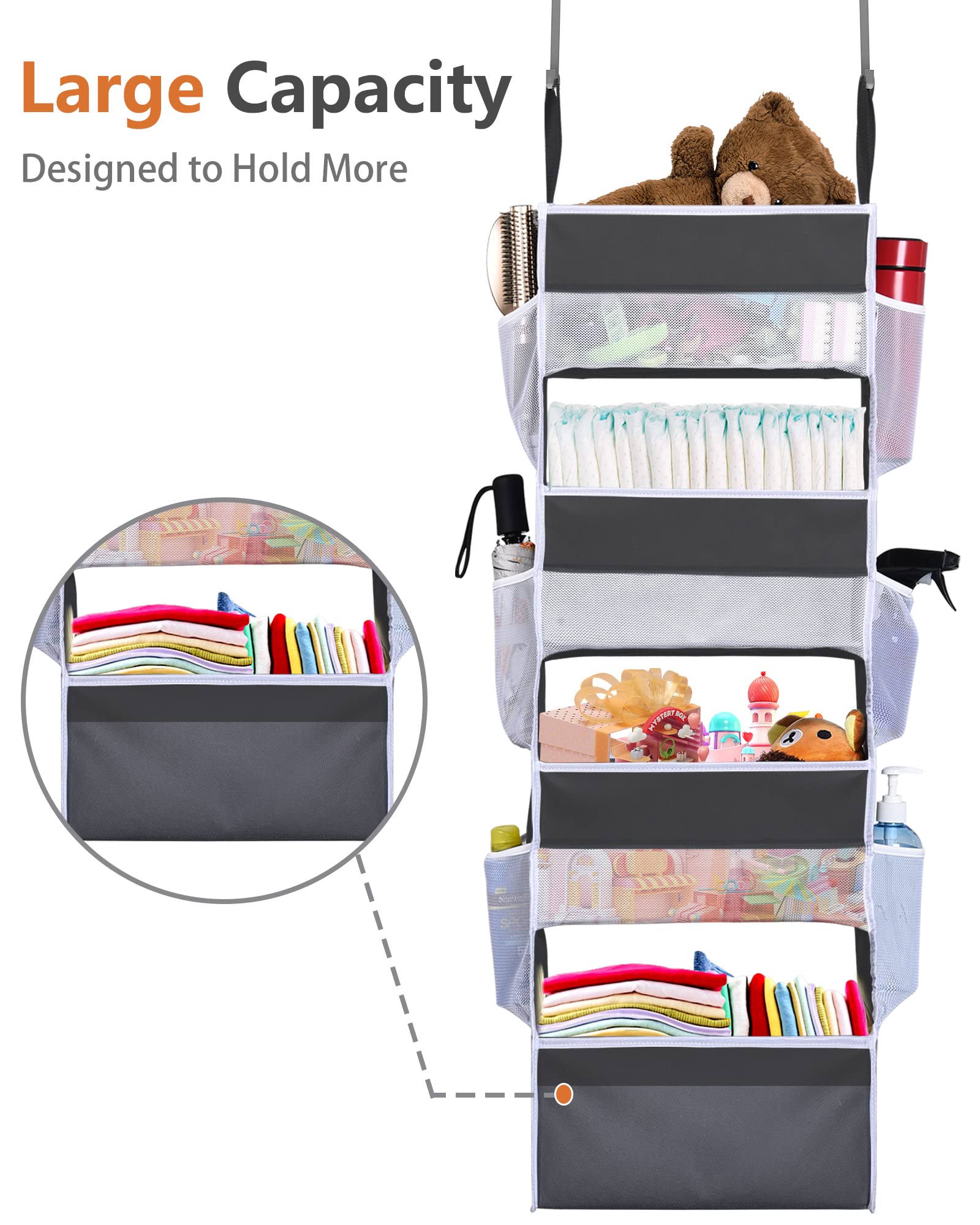 ULG Over Door Organizer with 4 Large Pockets 6 Mesh Side Pockets, 33 lbs Weight Capacity Hanging Storage Organizer with Clear Window for Bedroom Nursery, Baby Kids Toys, Diapers, Dark Grey (1 Pack)