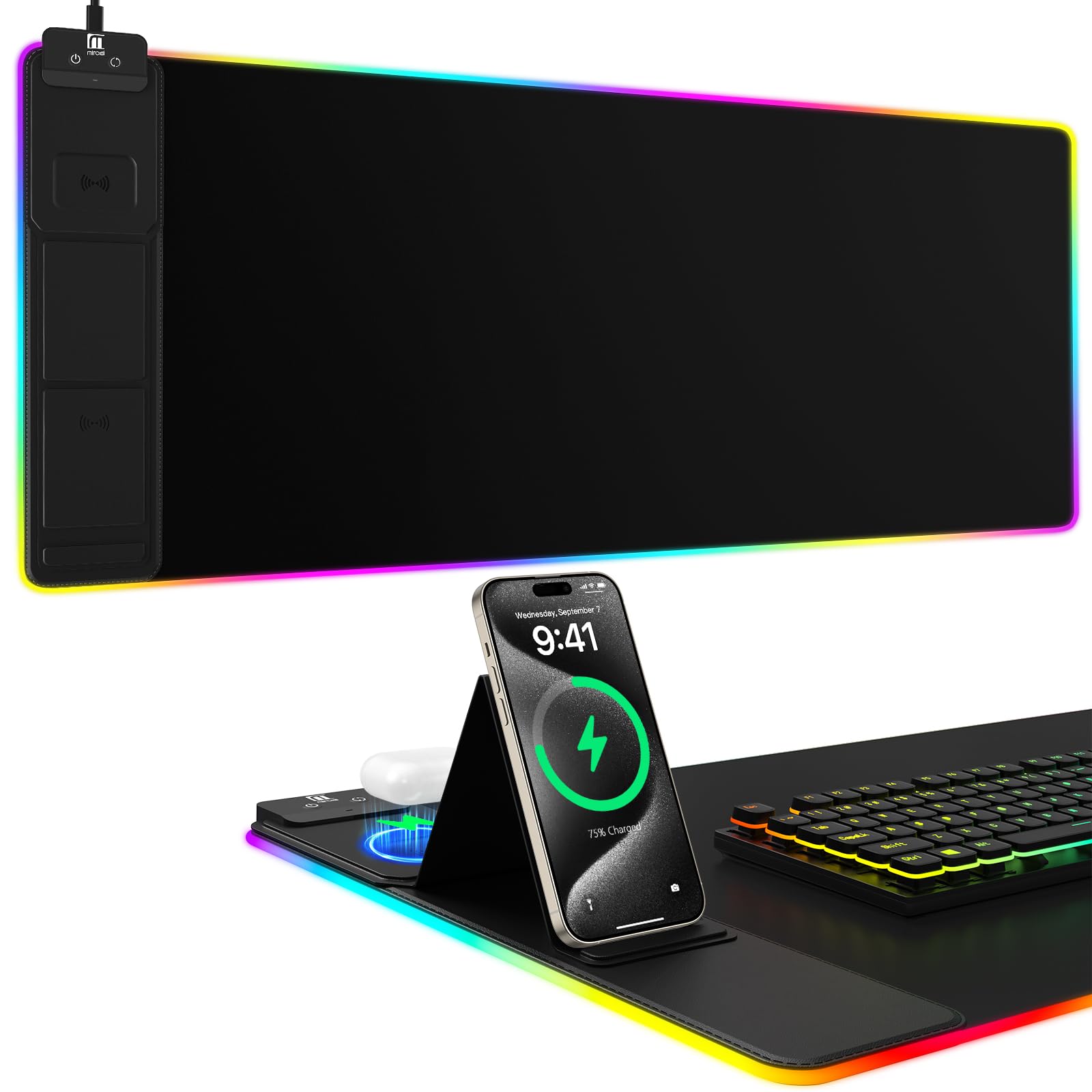 Wireless Charging Mouse Pad, Large Desk Mat Gaming Mouse Pad, Extended Mouse Pads for Desk, Long Desk Pad with Anti-Slip Rubber Base Computer Mousepad Keyboard Pad Desk Writing Pad for Home Office