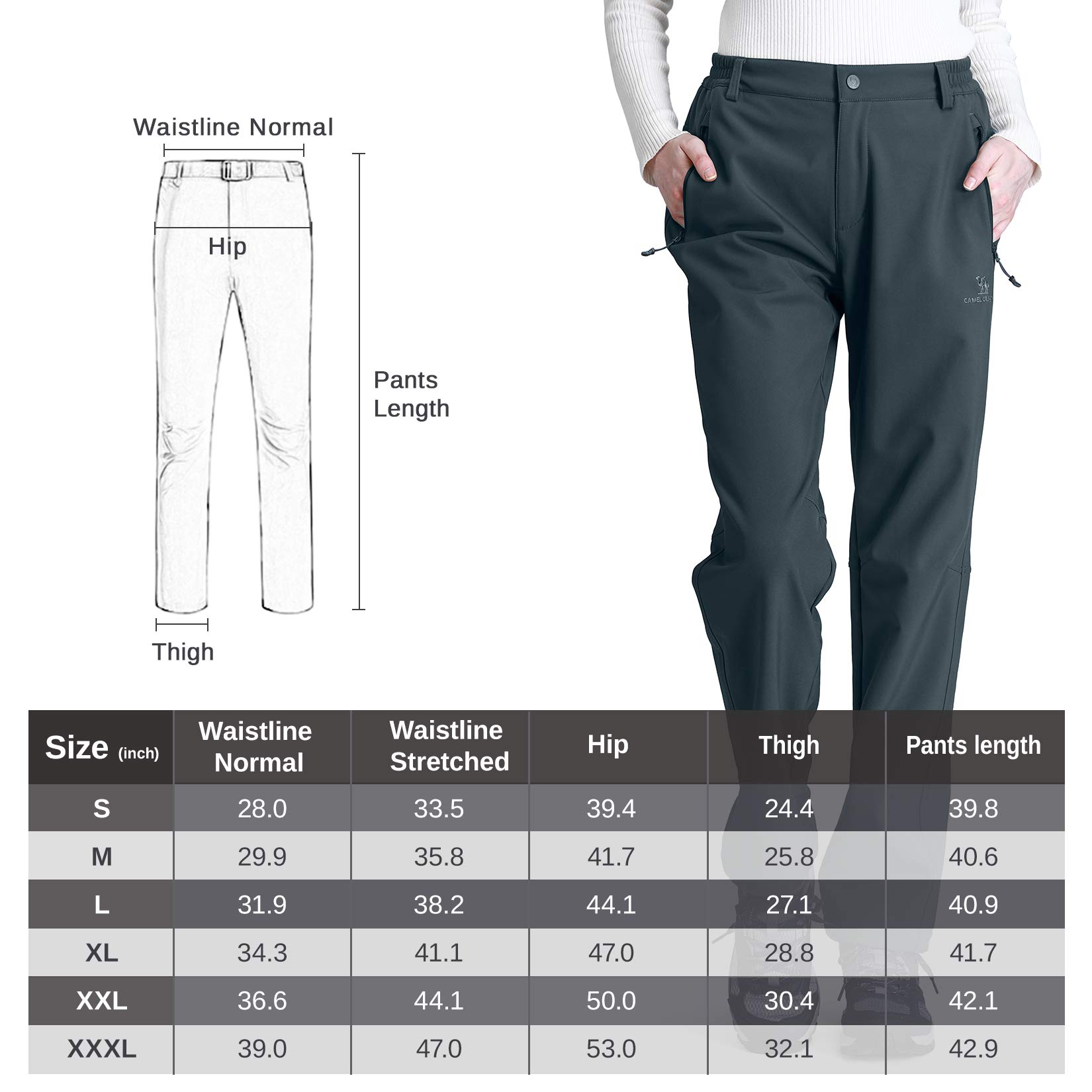 CAMEL CROWN Womens Softshell Pants Fleece Lined Waterproof Windproof Ski Snow Insulated Hiking Hunting Trousers Black M