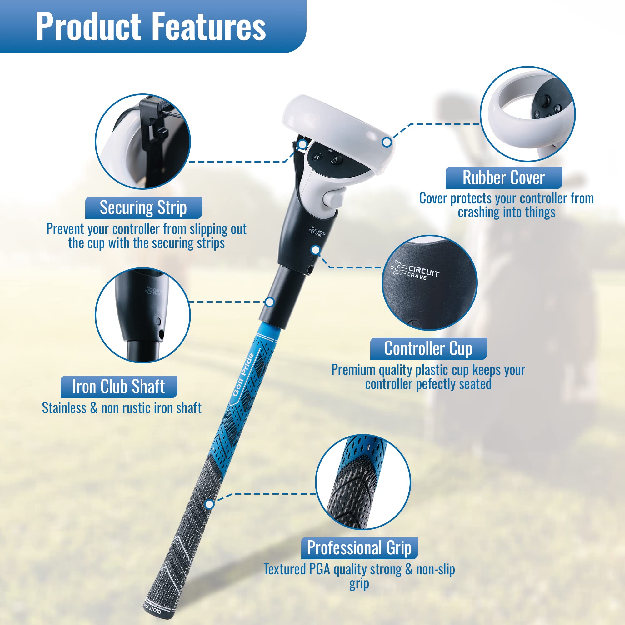 Circuit Crave Dual VR Golf Club Accessories Compatible with Oculus Meta Quest 2 Controllers - Left and Right Silicone Golf Club Grips, Virtual Reality Golf Simulator Real Golf Game Experience