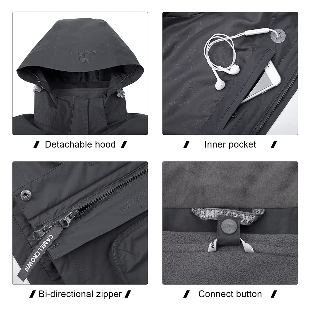 CAMEL CROWN Womens Waterproof Ski Jacket 3-in-1 Windbreaker Winter Coat Fleece Inner for Rain Snow Outdoor Hiking(Dark Grey, Medium)