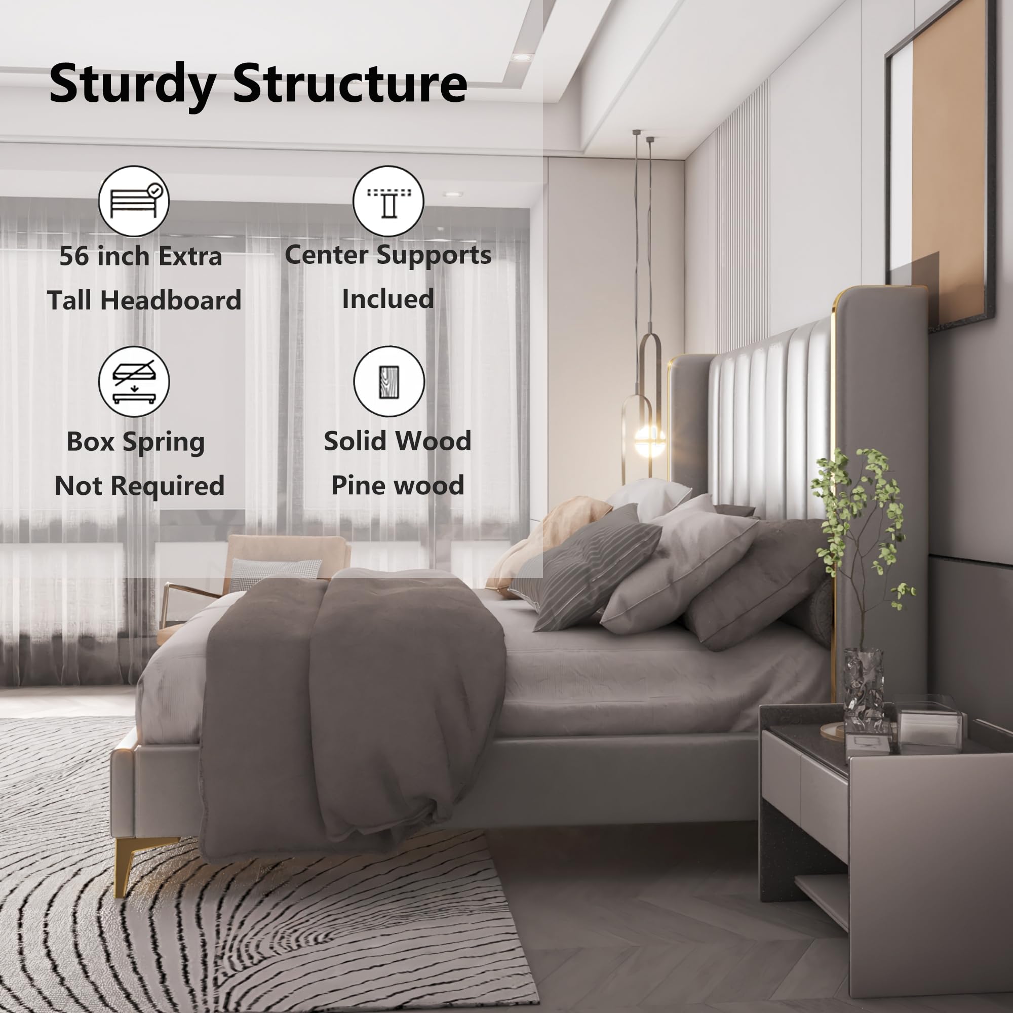 Channel Tufted Upholstered Platform Bed with Thickening Pinewooden Slats and Metal Leg, Queen Size Bed Frame with 56" Tall Headboard, Light Grey