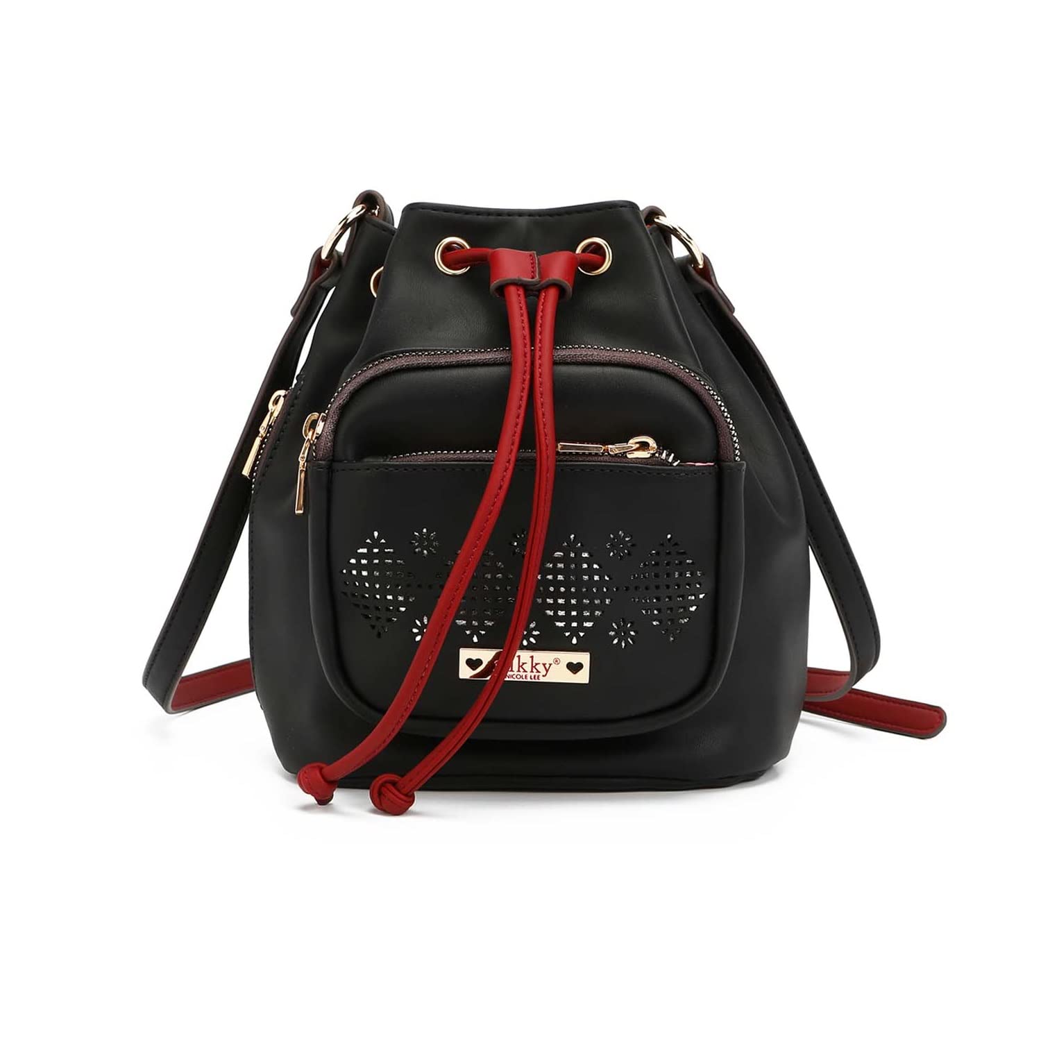 DESTINY BY NICOLE LEE Bucket Bag with Adjustable Shoulder Strap Drawstring Closure Fashion Handbag Eco Leather for Women NK12323 Black