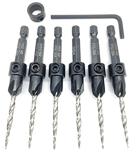FTG USA Countersink Drill Bit Set 6 Pc #6 (9/64") Wood Countersink Drill Bit Pro Pack Countersink Set, Tapered Countersink Bit, 1 Stop Collar, Hex Wrench, Woodworking Countersink Drill Bits