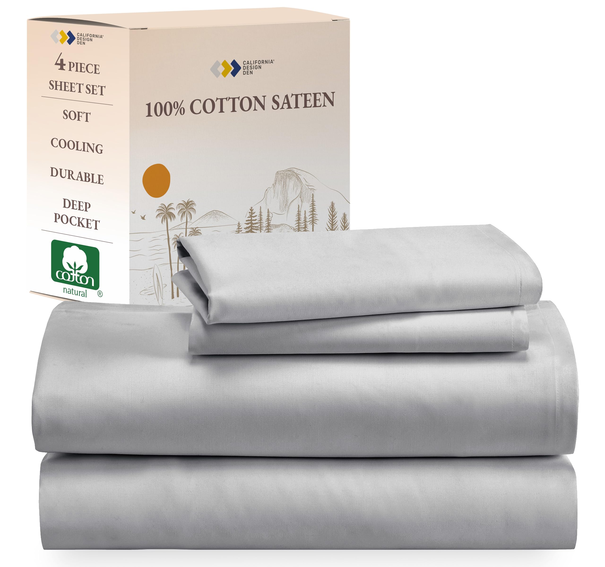 California Design Den Soft 100% Cotton Sheets Full Size Bed Sheet Set with Deep Pockets, 4 Piece Full Size Sheet Sets with Sateen Weave, Cooling Sheets (Light Grey)