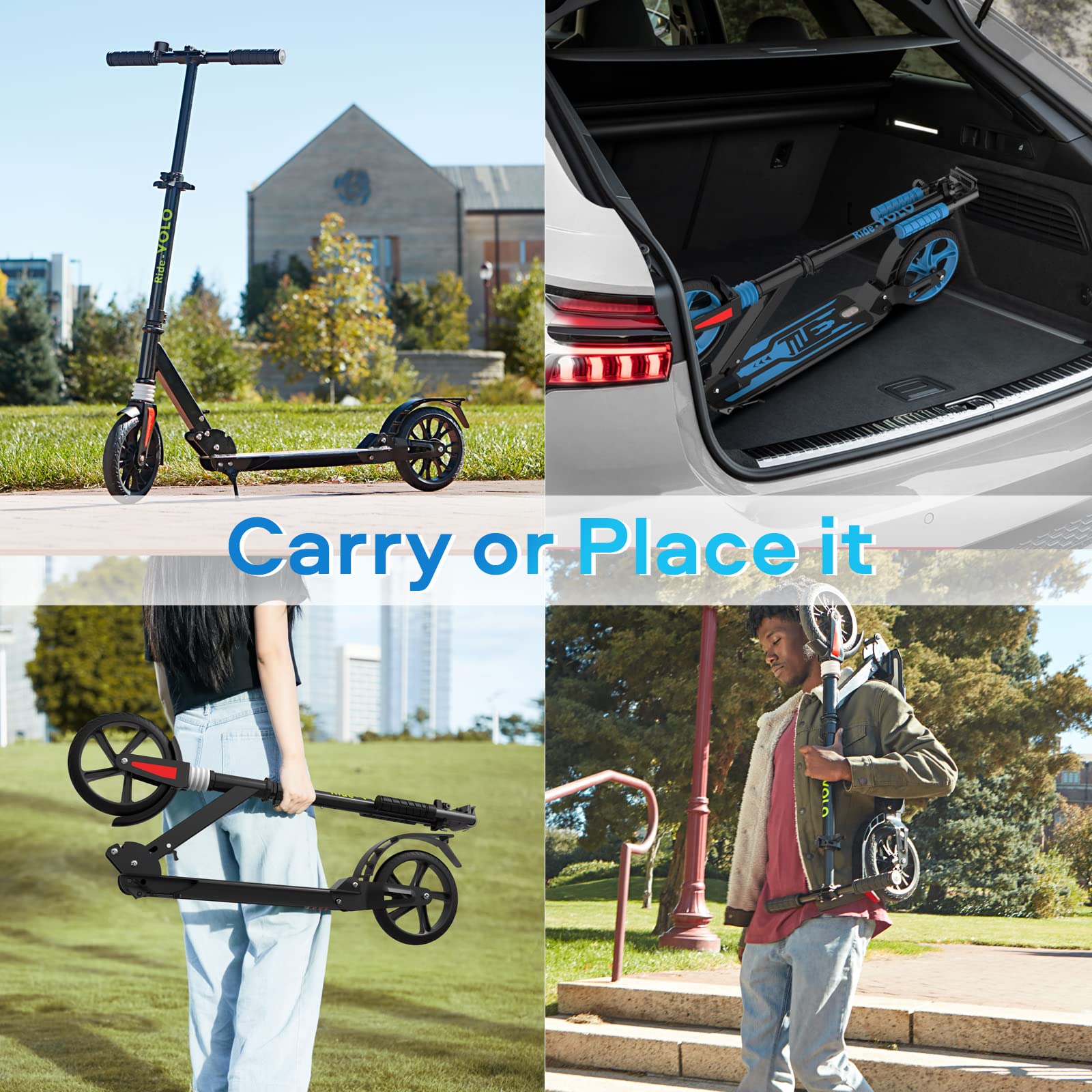 RideVOLO K08-1 Kick Scooter for Teenager 8 Years and up with 8” Wheels and 3 Adjustable Height, Folding System and Suspension System(Blue)