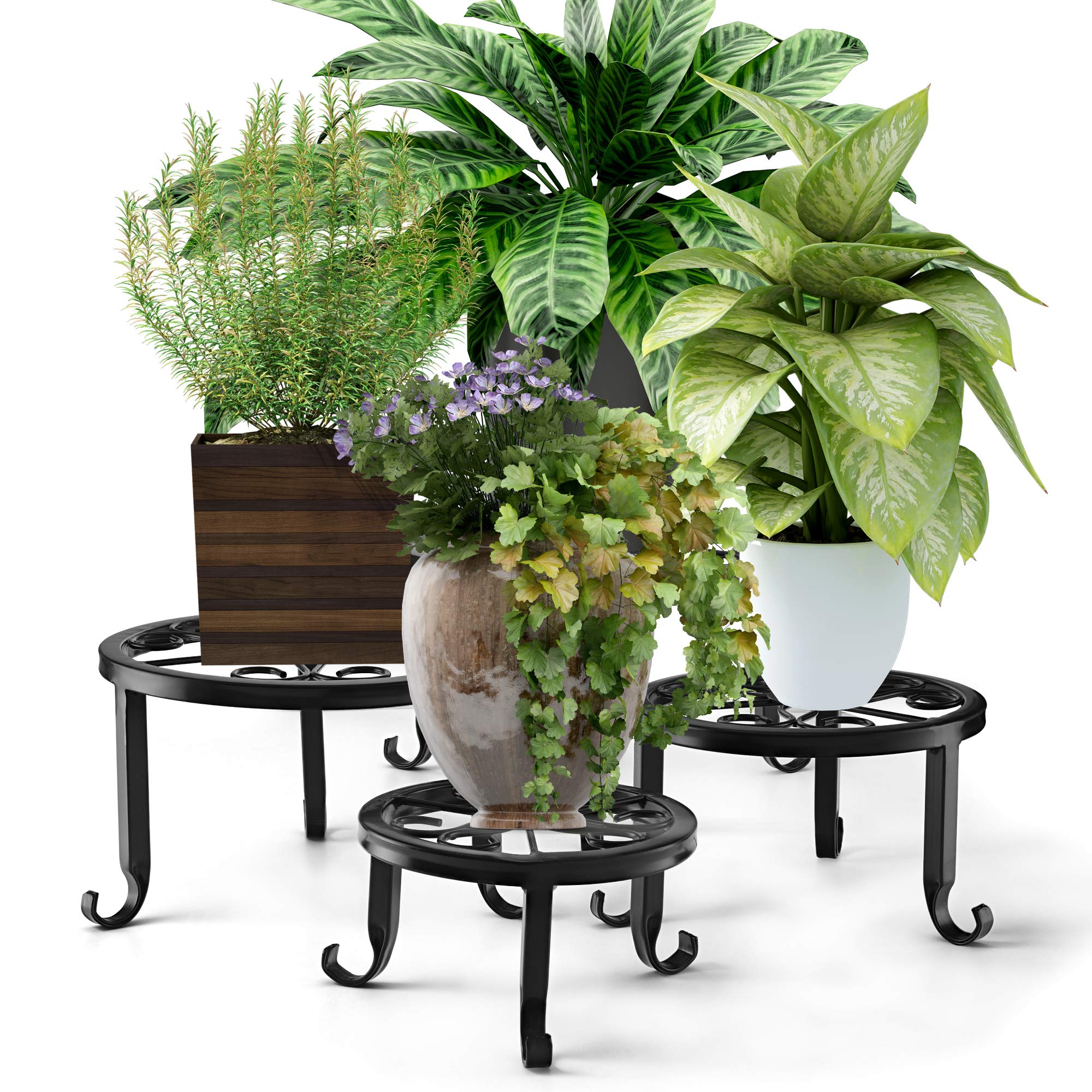 CABASAA Metal Plant Stands Iron Planter Flower Pot Round Rack Heavy Duty Potted Holder Indoor Outdoor 4 Pack with Different Size (Black)