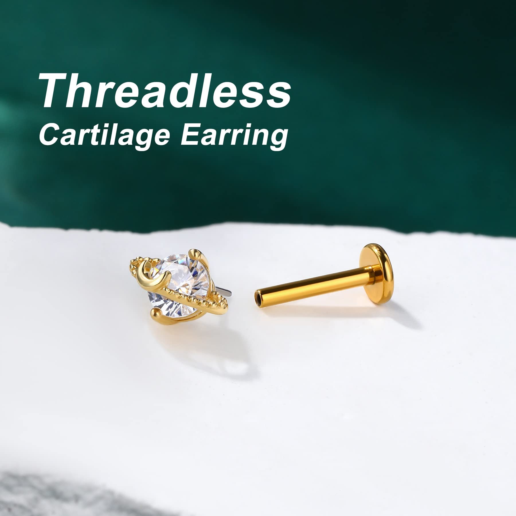 COCHARM 14K Gold Cartilage Earring Stud Yellow Gold 16g Flat Back Cartilage Stud 14K Solid Gold Push in Cartilage Piercing Stud Planet Labret Stud Gold Medusa Studs