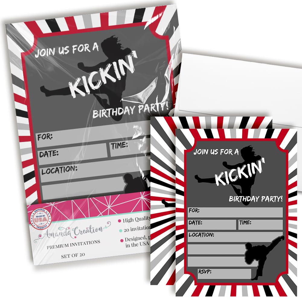 Karate, Tae Kwon Do, Martial Arts Birthday Party Invitations, 20 5x7 Fill In Cards with Twenty White Envelopes by AmandaCreation