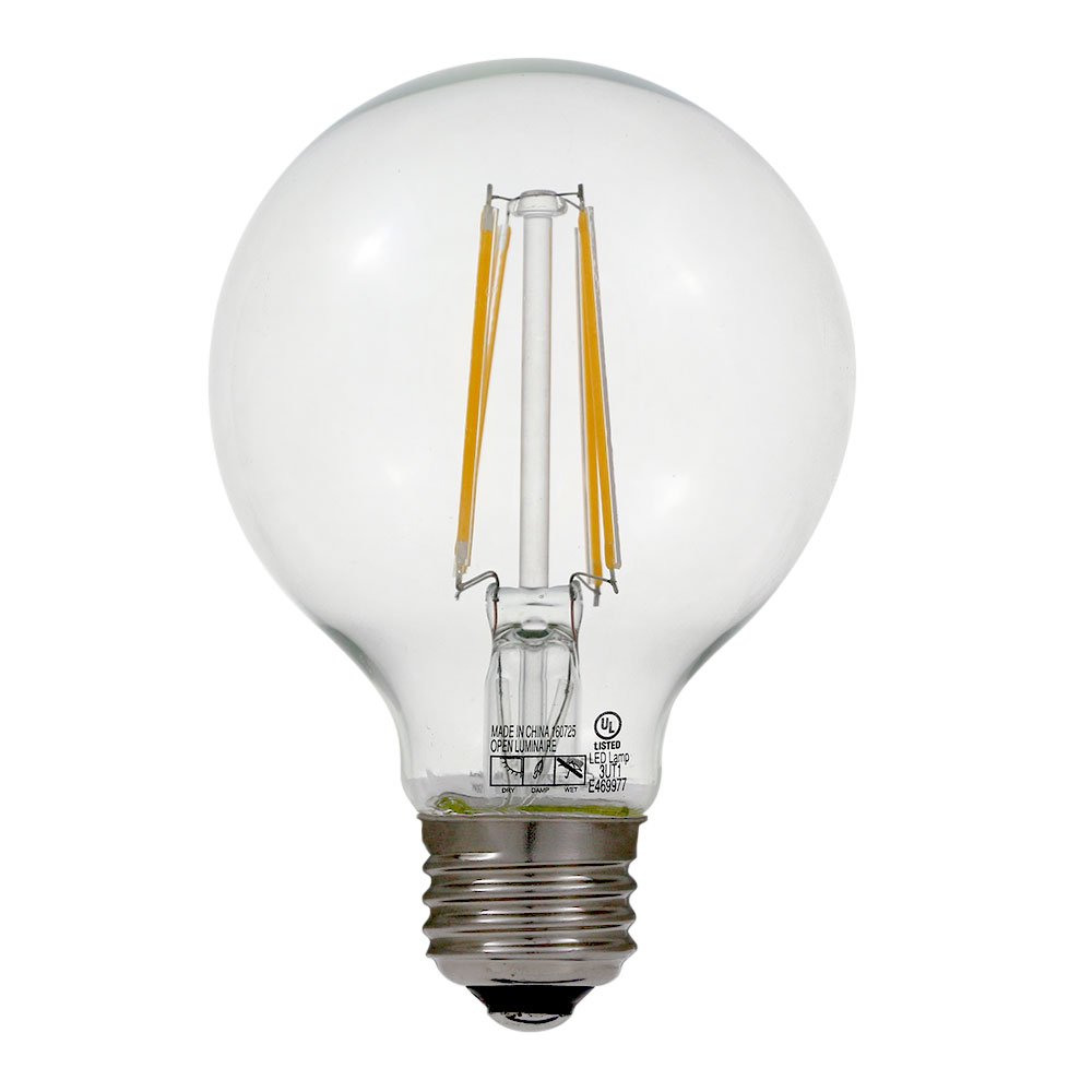 Euri Lighting VG25-2000e LED G25 Bulb, Filament Line, Warm White 2700K, Dimmable, 7.5W (60W Equivalent), 800 lm, Clear, 360 Degree Beam Angle, Damp Rated, E26 Base, UL & E-Star Listed