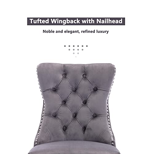 Virabit Tufted Dining Chairs Set of 4, Velvet Upholstered Dining Chairs with Nailhead Back and Ring Pull Trim, Solid Wood Dining Chairs for Kitchen/Bedroom/Dining Room (Grey)
