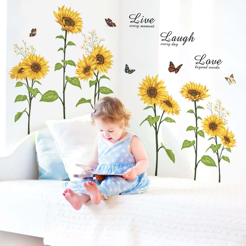 Runtoo Sunflower Butterfly Wall Art Stickers Flower Live Laugh Love Quotes Wall Decals Kids Bedroom Living Room Nursery Wall Decor