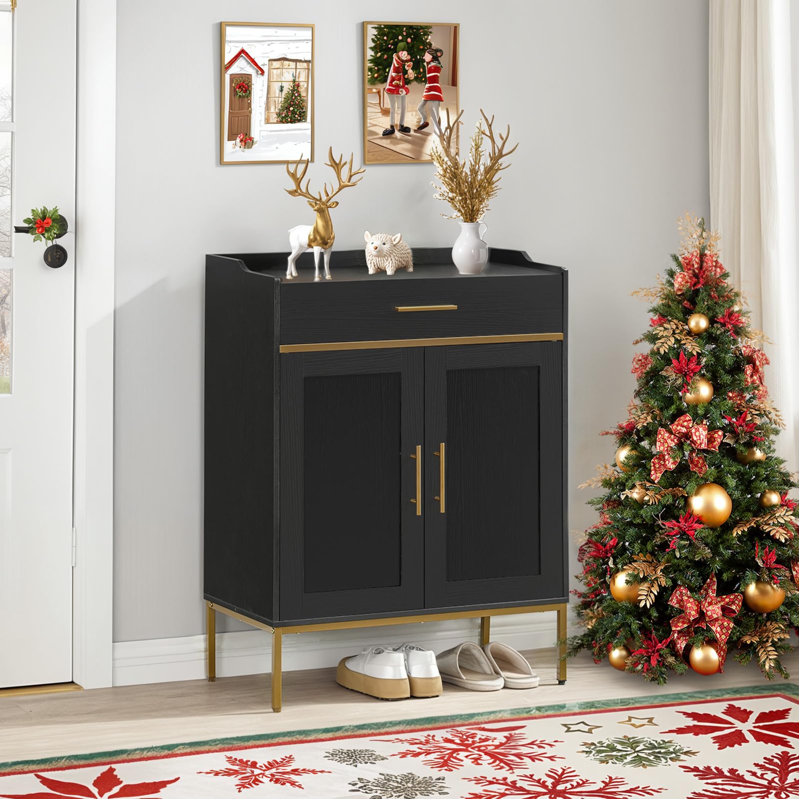 HOOBRO Shoe Storage Cabinet, Narrow Shoe Cabinet, Shoe Cabinet Storage for Entryway, Freestanding Shoe Organizer Cabinet, Shoe Rack Cabinet with Adjustable Shelves, Gold and Black DB14SC01