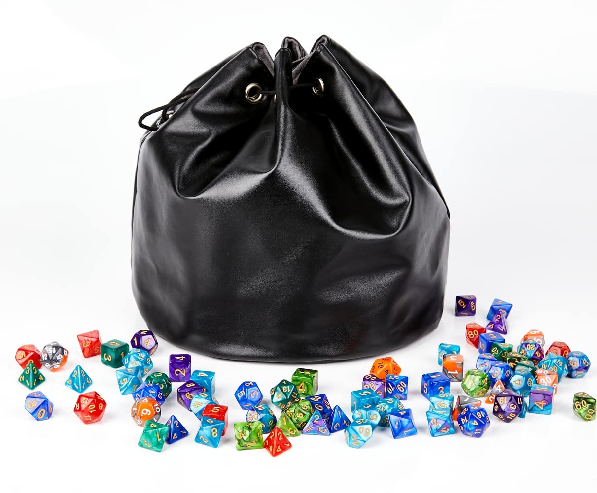PUGED Large DND Dice Dragon Leather Drawstring Bags with Pockets Storage Bag for RPG MTG Game Dices Capacity Over 1000 Dice (Black)