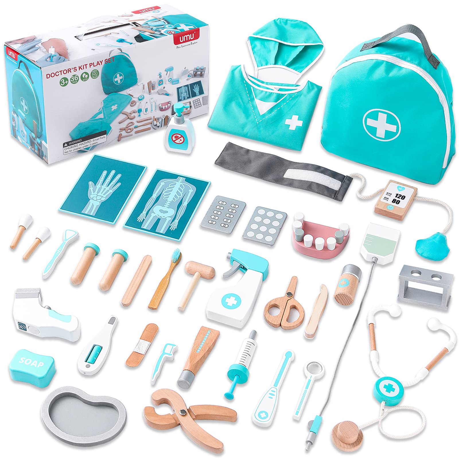 umu Doctor Kit for Kids, Pretend Toy 36 PCS Wooden Doctor Playset for Toddlers, Montessori Toys Dentist Kit for 3, 4 and 5 Year Old Boys and Girls