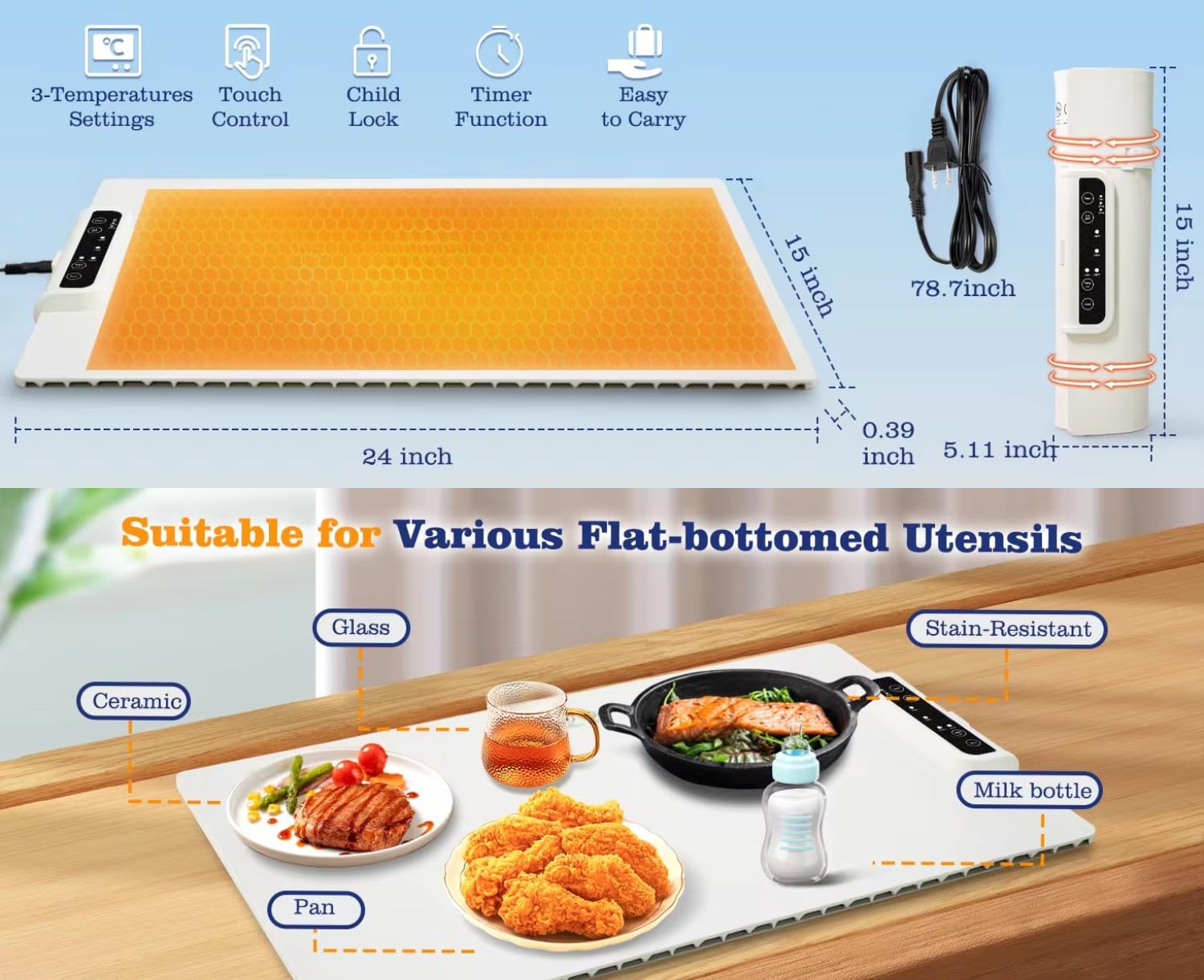 Electric Warming Tray, Food Warming Mat for Parties Buffet, Auto Shut-Off & Child Lock,3 Level Temperature Settings, Portable Foldable Roll Up Heating Pad Daily Use 24x15 Extra Large Sizes(White)