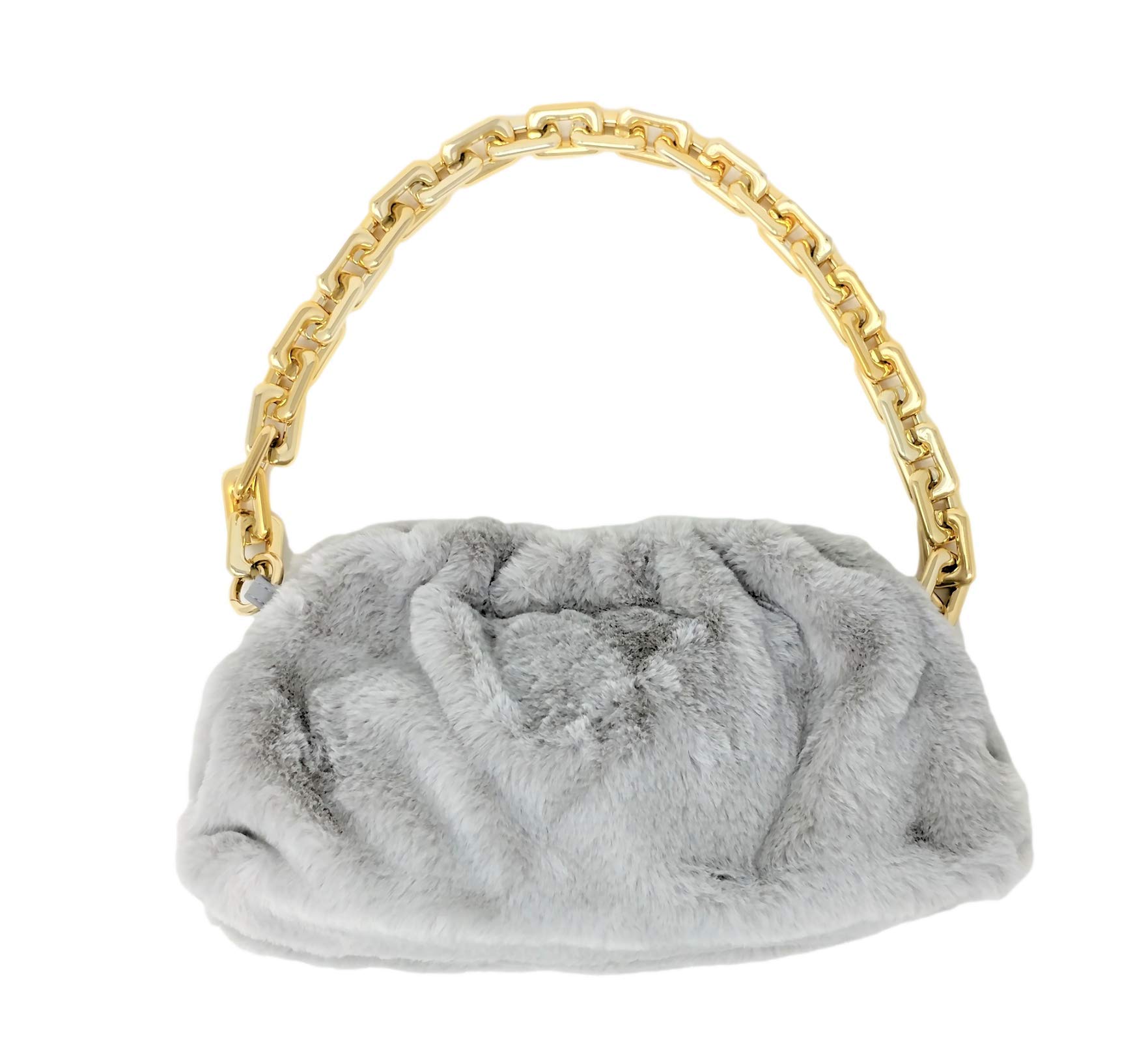 Women’s Dumpling Chain Pouch Bag | Cloud-Shaped Faux Fur Clutch Purse | Aluminum Chain Link Shoulder Ruched Handbag (Medium, Grey)