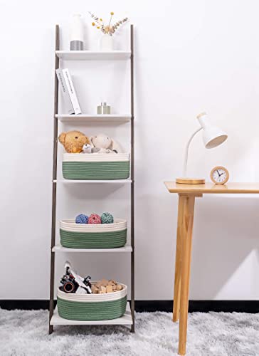 Kriitools Shelf Storage Baskets for Organizing|Cute Basket for Closet&Blanket Storage|Small Woven Baskets to Store Toys,Books,etc.-13x8.66x5.11ββ Cotton Rope,Stylish,Oval 3 Packs Off White&Green
