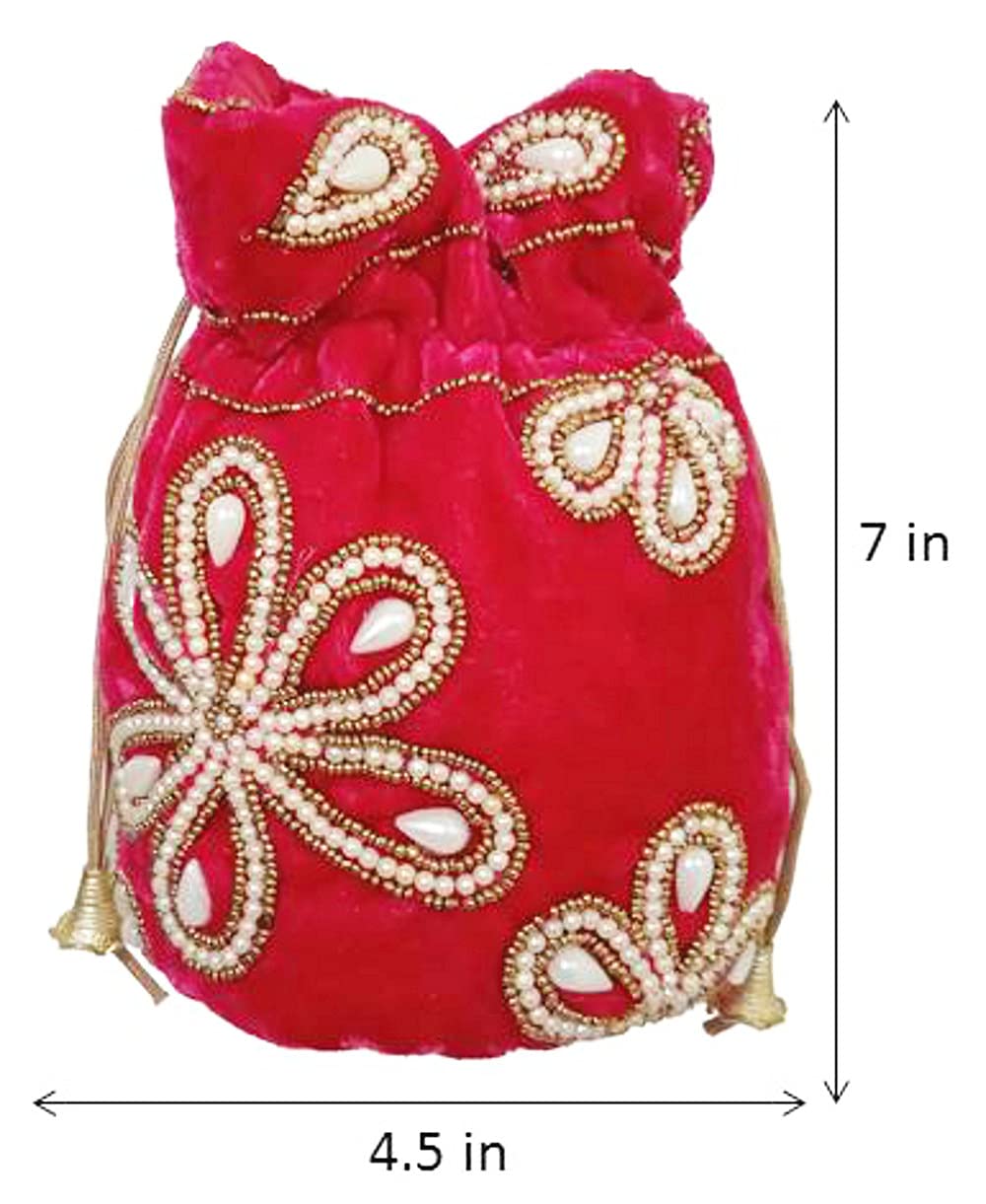 Purpledip Chenille Potli Bag (Clutch, Drawstring Purse): Intricate Bead Work Satchel Handbag, Pink (12396D)