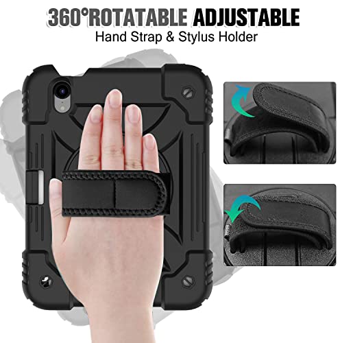 SUPNICE iPad Mini 6 Case (8.3 inch 2021 Release), iPad Mini 6th Generation Case, Shockproof Rugged Kids Case with [360 Rotating Stand] [2nd Pencil Holder] [Hand Strap] for iPad Mini 6th Gen 8.3-Black