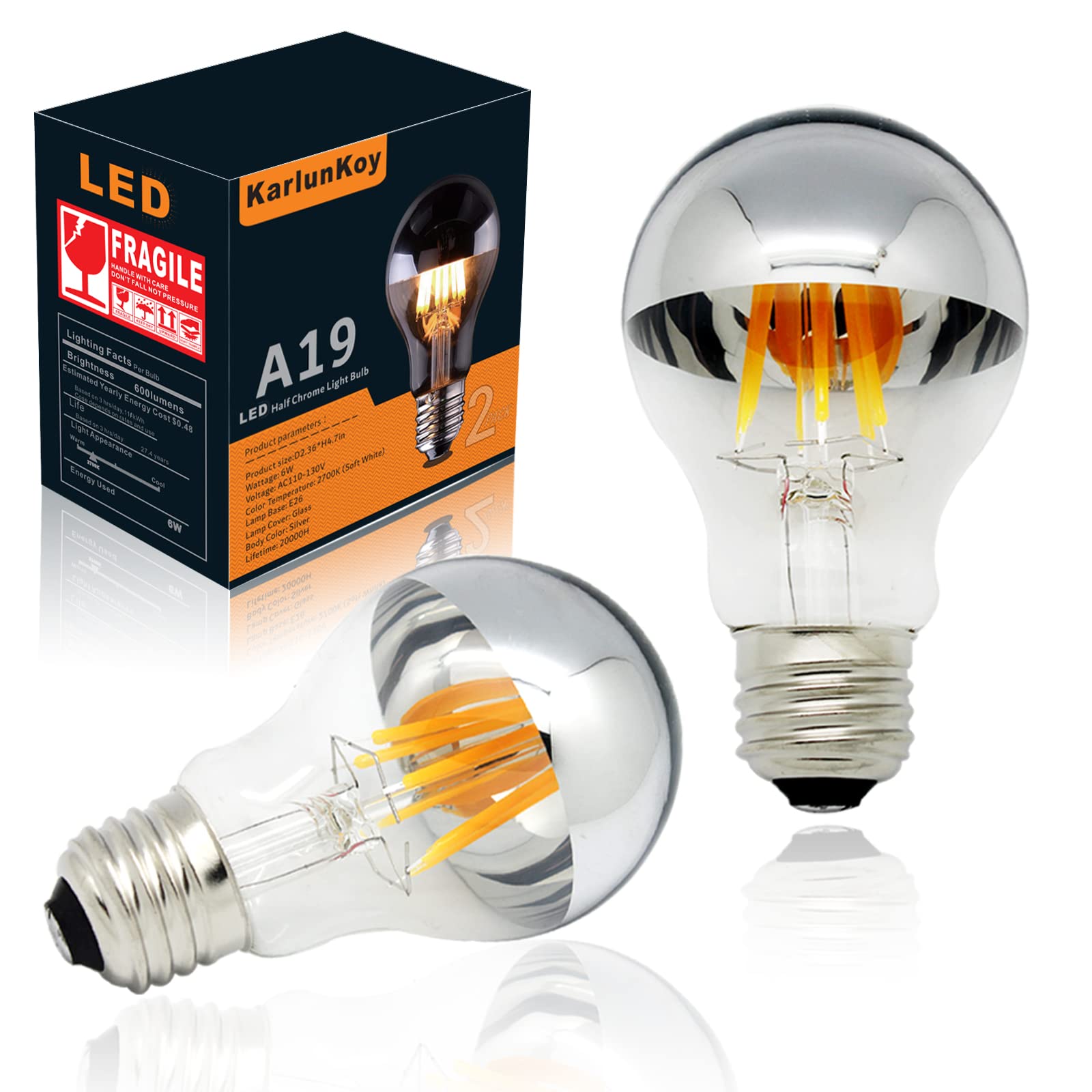 KarlunKoy Half Chrome Light Bulb Dimmable 6W (60W Equivalent) A19 A Shape Decorative LED Edison Bulb Silver Mirror Reflected Light 2700K Warm White E26 Base Pack of 2
