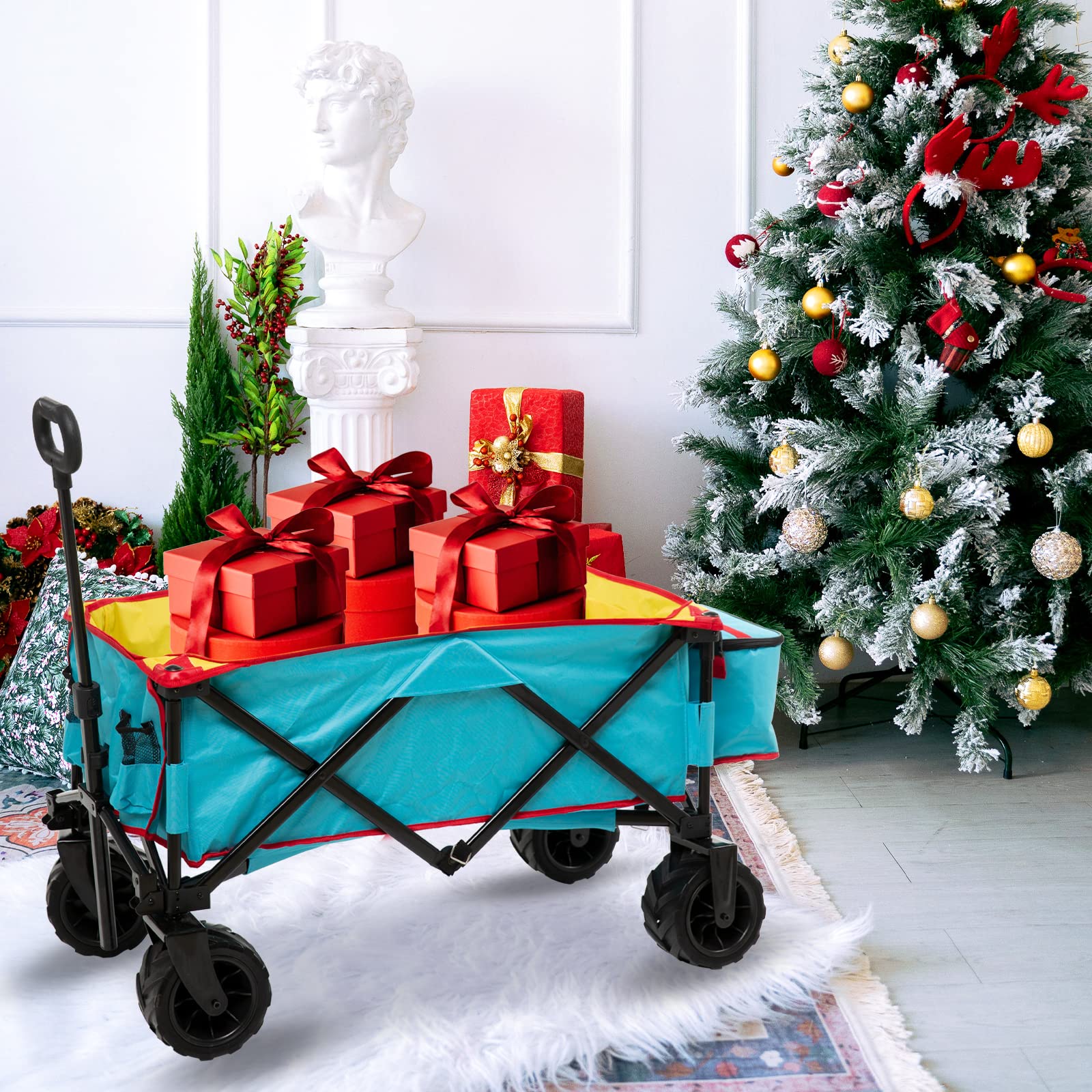 CharaVector Folding Wagon Cart,Beach Wagon with Big Wheels for Sand, Cooler Bag, Cup Holders and Side Bag, Collapsible Beach Wagon for Shopping, Camping, Garden
