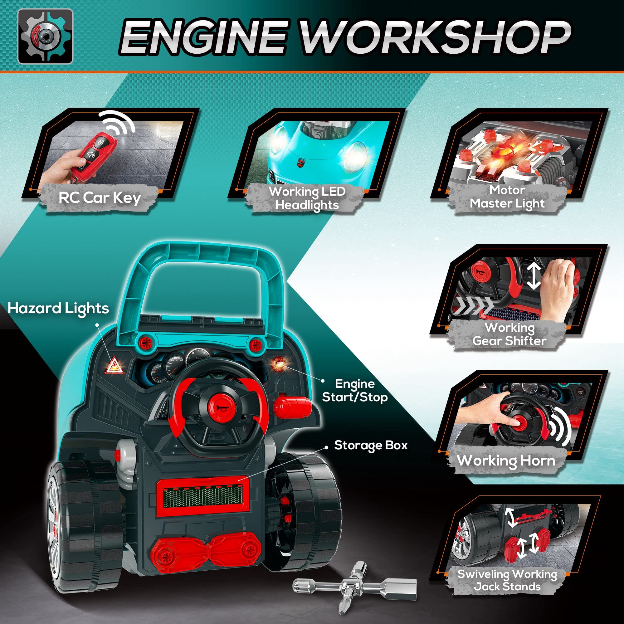 Qaba Kids Truck Engine Toy, Kids Mechanic Car Repair Set, Engine Disassembly Play Workshop, Includes 61 Pieces, Steering Wheel, Horn, Light for 3-5 Years Old, Teal