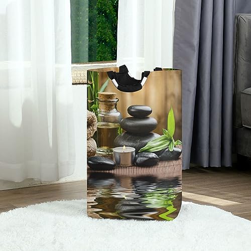 Flradish Zen Basalt Stones on Wood Large Laundry Hamper Collapsible Waterproof Freestanding Laundry Basket with Handles for Laundry Living Room,Bathroom