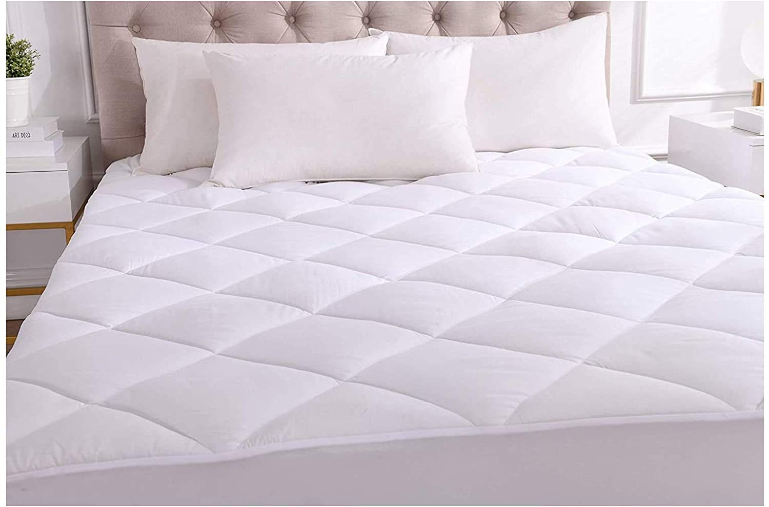 KASENTEX Deluxe Quilted Fitted Mattress Pad Queen Size - 13 Inch Deep Pockets - Brushed Microfiber - Down Alternative Fill, Cozy Breathable & Ultra Soft Protector