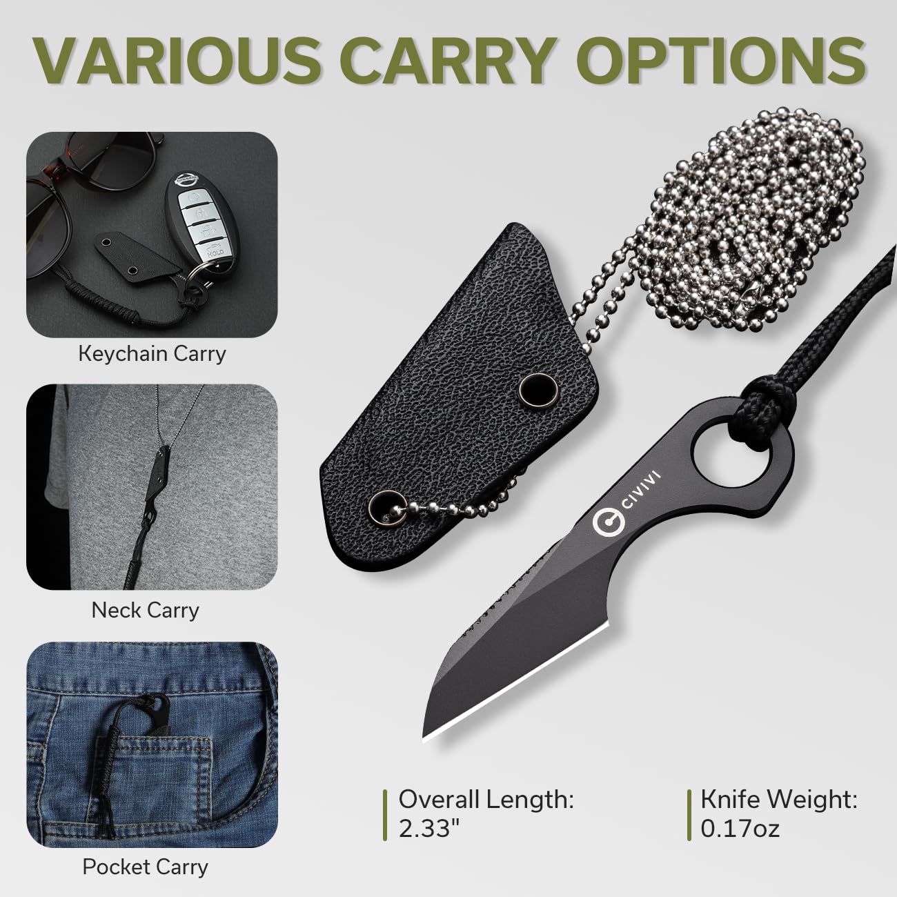 CIVIVI Gramis Mini Fixed Blade Neck Knife for EDC, Swedish 14C28N Steel, With Kydex Sheath with Chain and Lanyard C23004-1