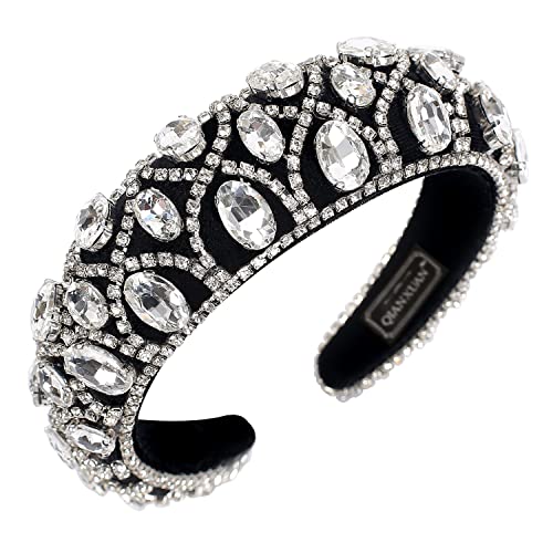 QIANXUAN Crystal Rhinestone Headbands For Women White Pearl Headbands For Girls Padded Headband Black Velvet Jewelry Chain Hairband Handmade Pearly Flower Retro Filling Diamond Hair Accessories