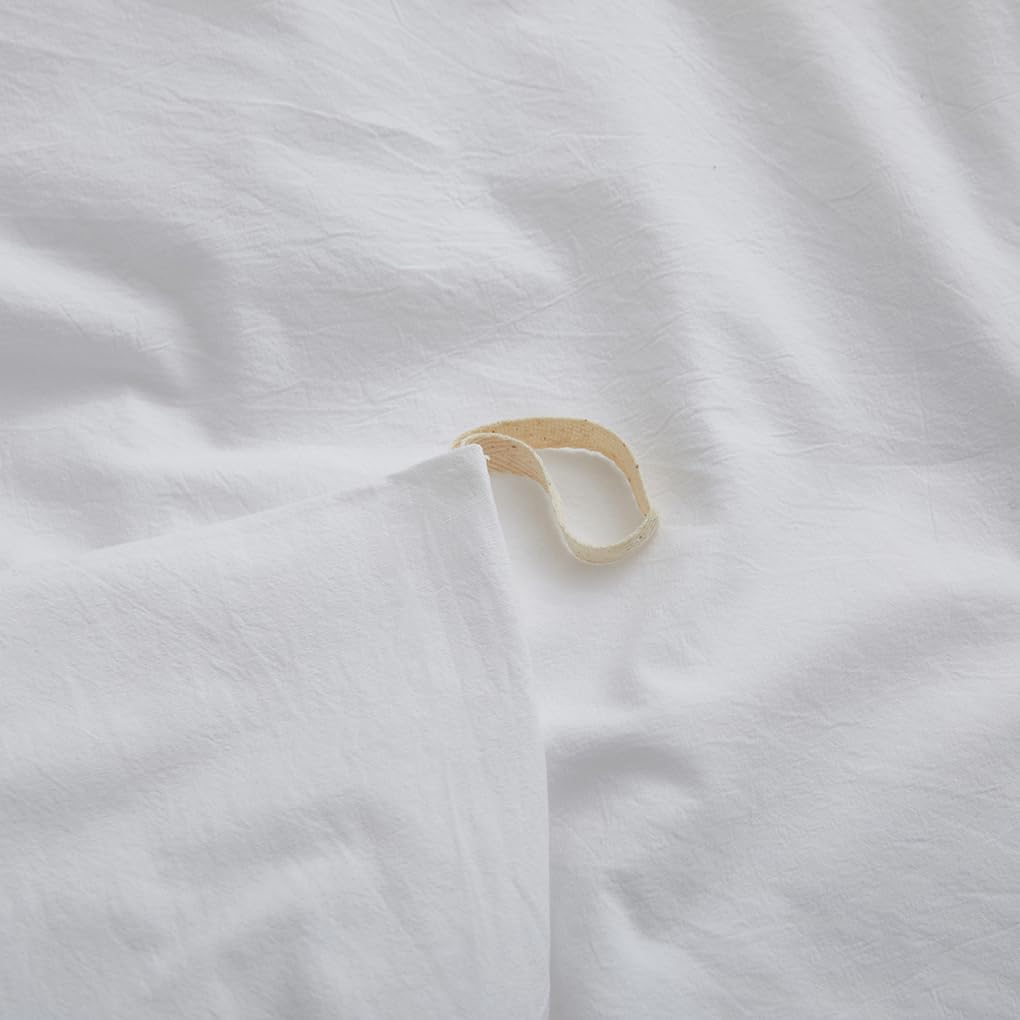 LOVQUE 100% Washed Cotton Duvet Cover Queen Size, White Linen Like Breathable Natural Bedding Set (No Comforter), 90x90 Inches