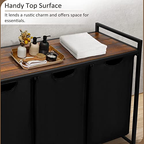 Graciadeco Pull Out Laundry Hamper 3 Compartment Laundry Sorter with Shelf 3 Section Laundry Basket with 3 x 16 Gallons Removable Bags, Black
