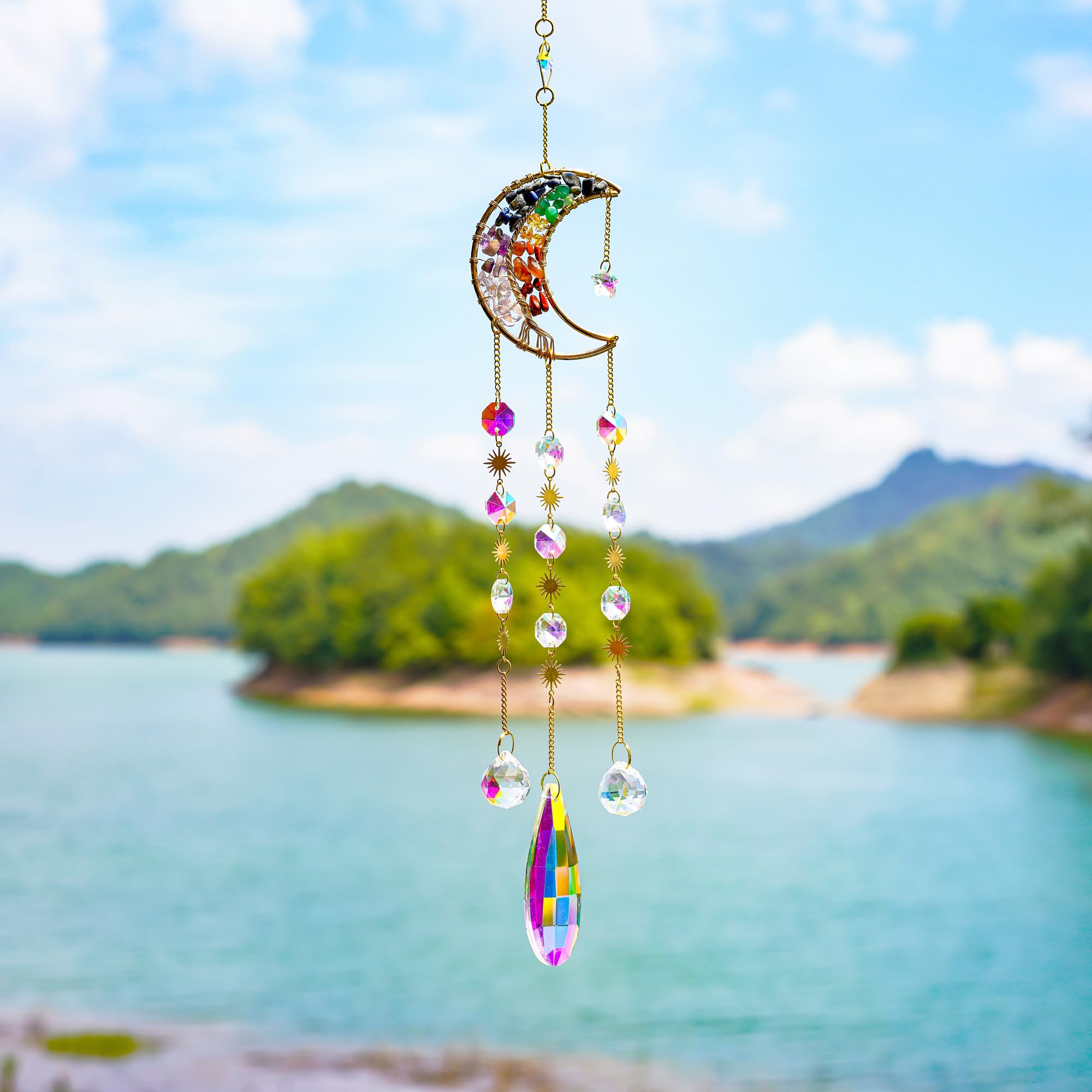 Chakra Tree of Life Crystal Suncatcher for Windows,Rainbow Maker Half Moon Sun Catcher with Crystal Prisms Hanging Crystals for Garden Home Decoration