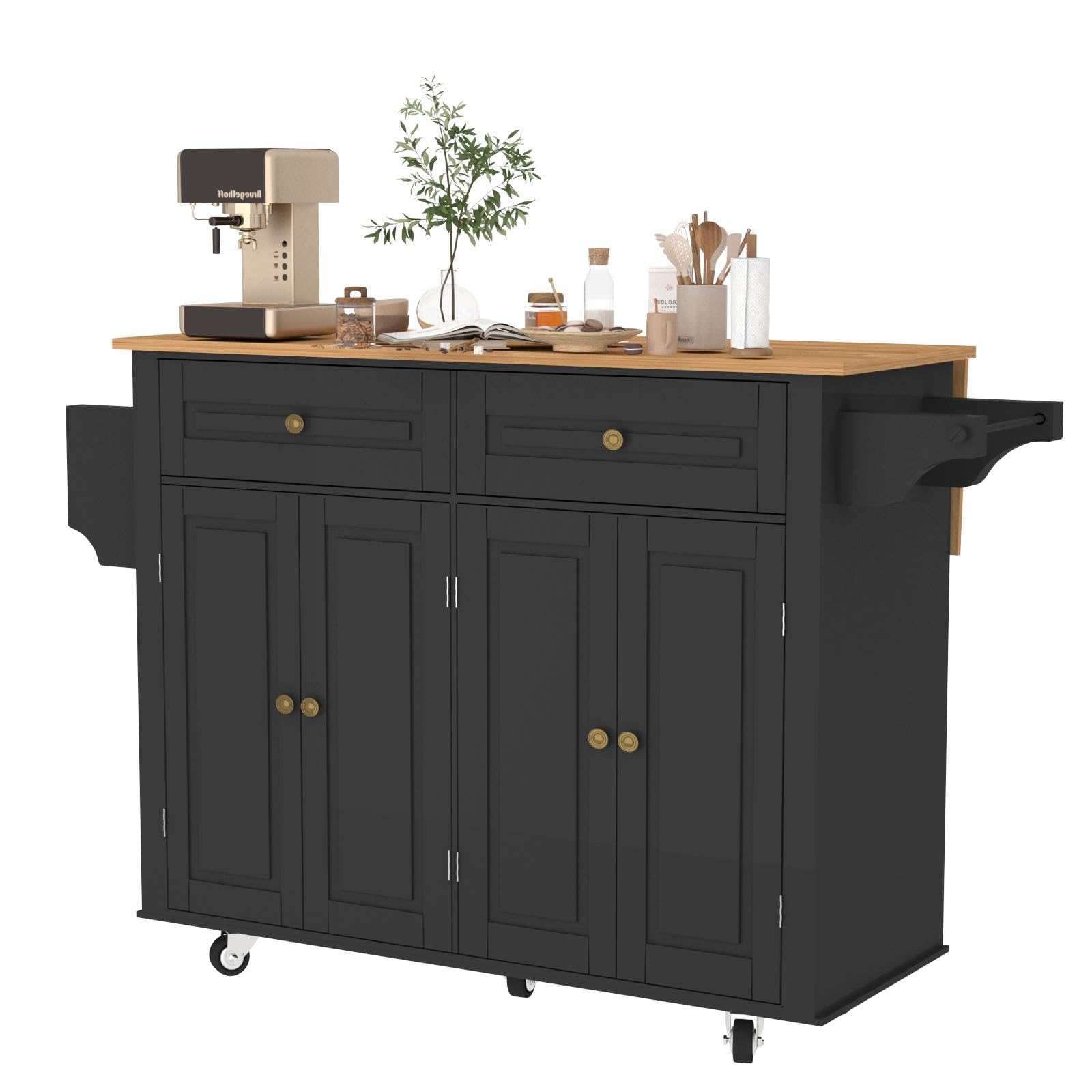 Bvldfamly Kitchen Island with Drop Leaf – Movable Kitchen Carts on Wheels Island with Storage Cabinet and Drawer, Island Table for Kitchen with Spice/Towel Rack, Black