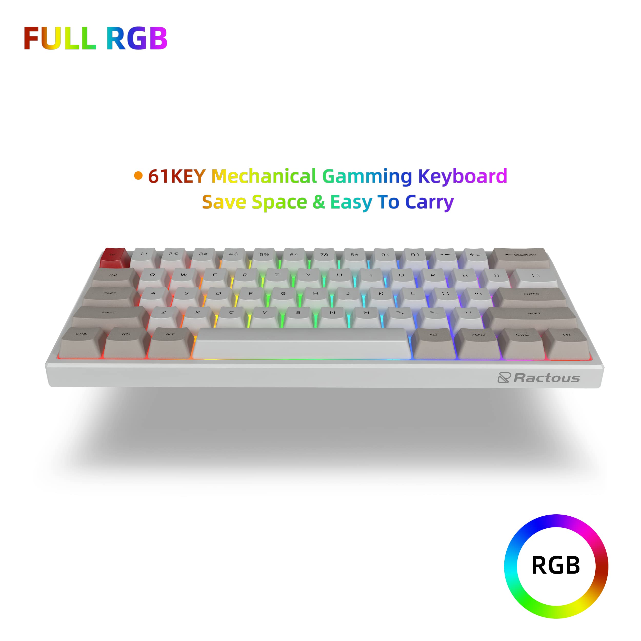 Ractous RTK61BP 60% Wireless Mechanical Gaming Keyboard,RGB Blacklit PBT Sublimation Keycaps 61keys Bluetooth5.1/Wried Gaming Keyboard for PC/Mac Gamers,Hot-Swap Gateron Optical Red Switch-White