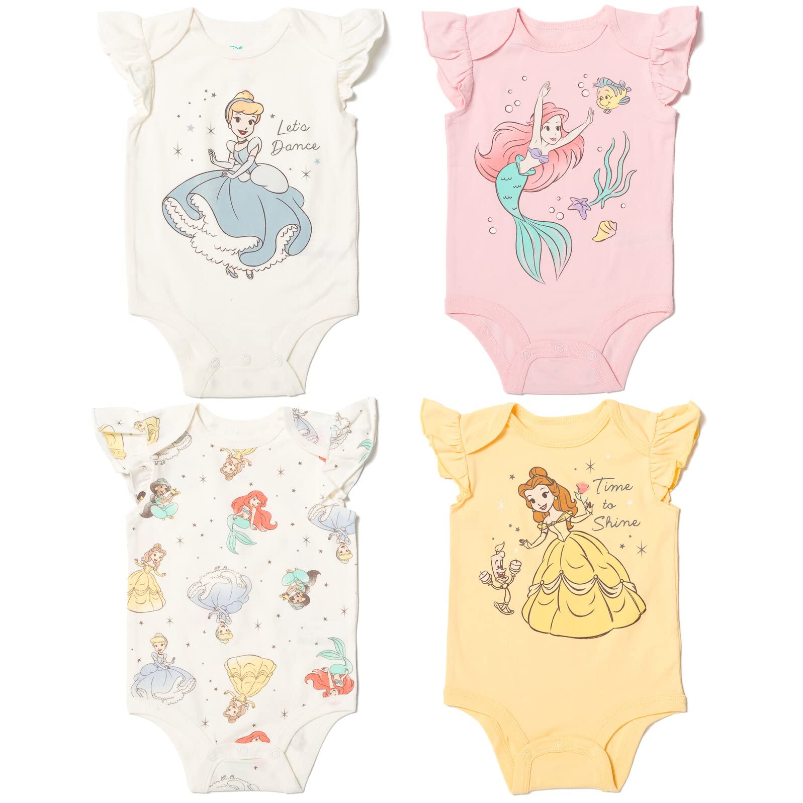 Disney Princess Ariel Cinderella Belle Newborn Baby Girls 4 Pack Cuddly Snap Bodysuits made with Organic Cotton 3-6 Months