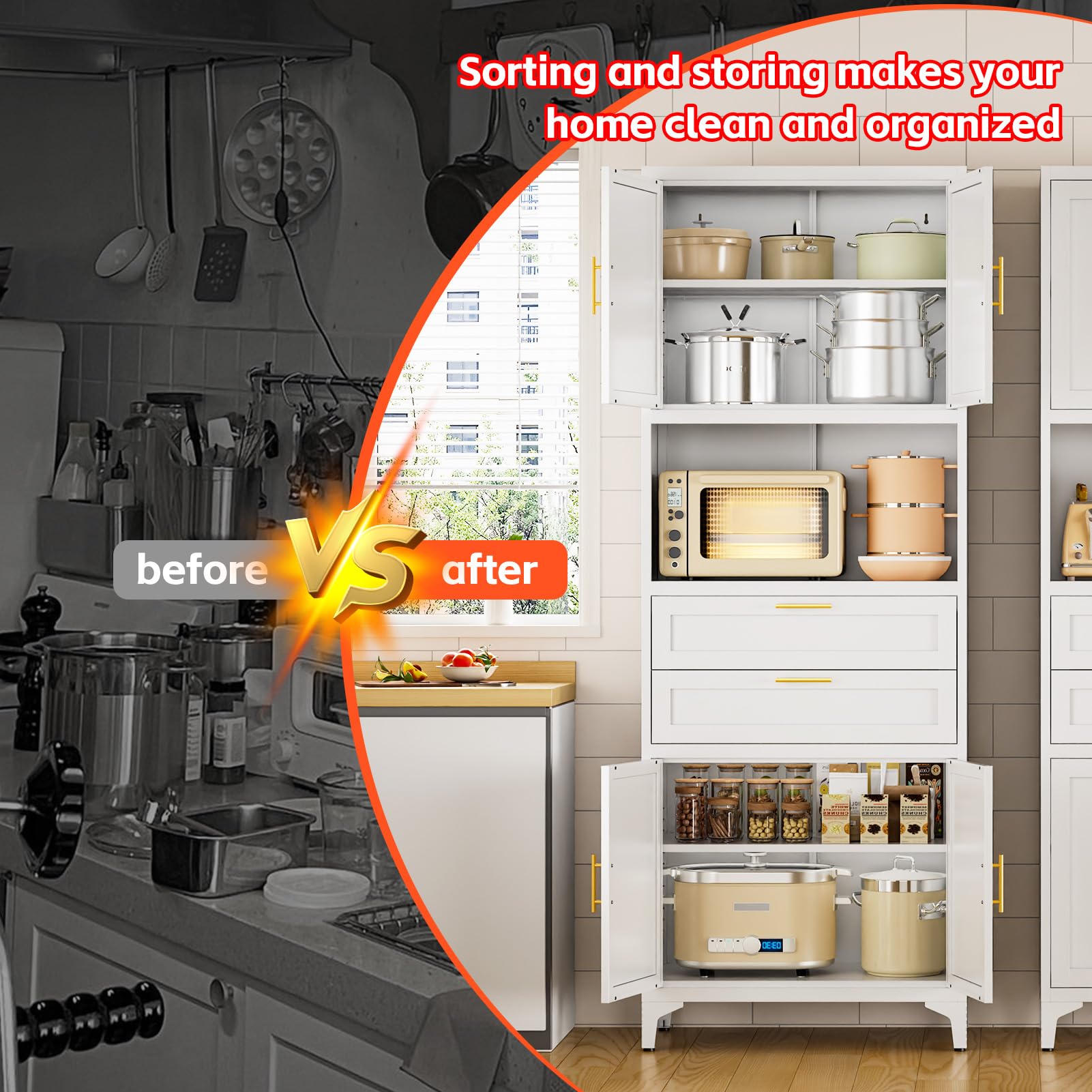 FogQueen 75" Tall Metal Storage Cabinet,Pantry Storage Cabinet with 2 Drawers and Open Space,Kitchen Cupboard with Adjustable Shelves,Multi-Functional Cabinet for Living Room,Bathroom,Garage (White)