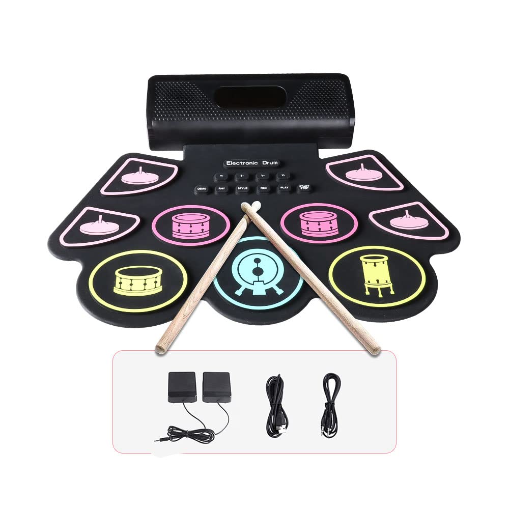 Electronic Drum Set for Kids & Adults, 9 Pads Roll Up Electric Drum Kit,2 Built-in Speaker, Headphone Jack, Portable Digital Midi Practice Drum Pad for Kids Beginners