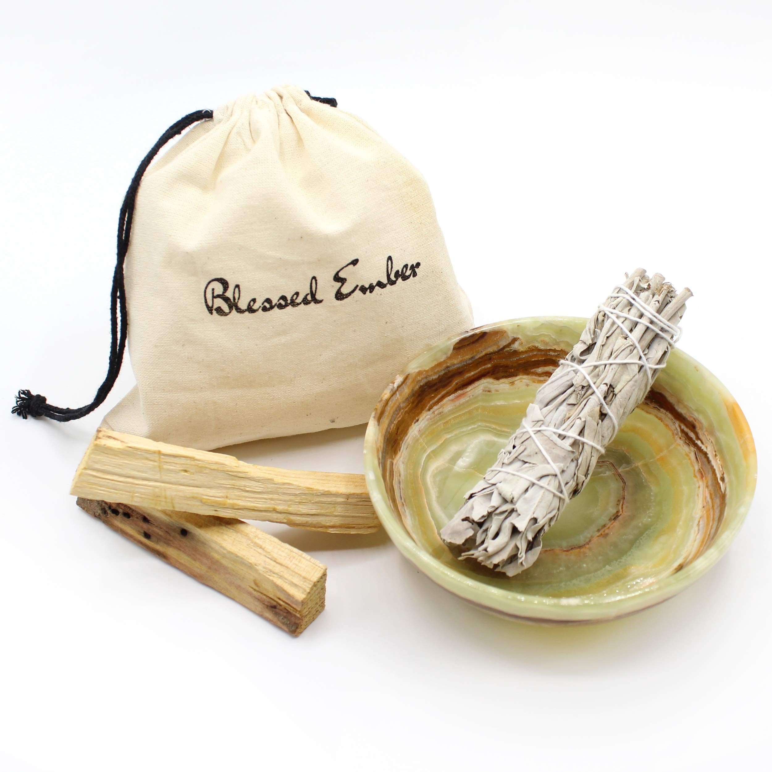 Blessed Ember Natural Stone Green Calcite Crystal Gemstone Smudge Bowl with Garden Sage and 2 Palo Santo Sticks