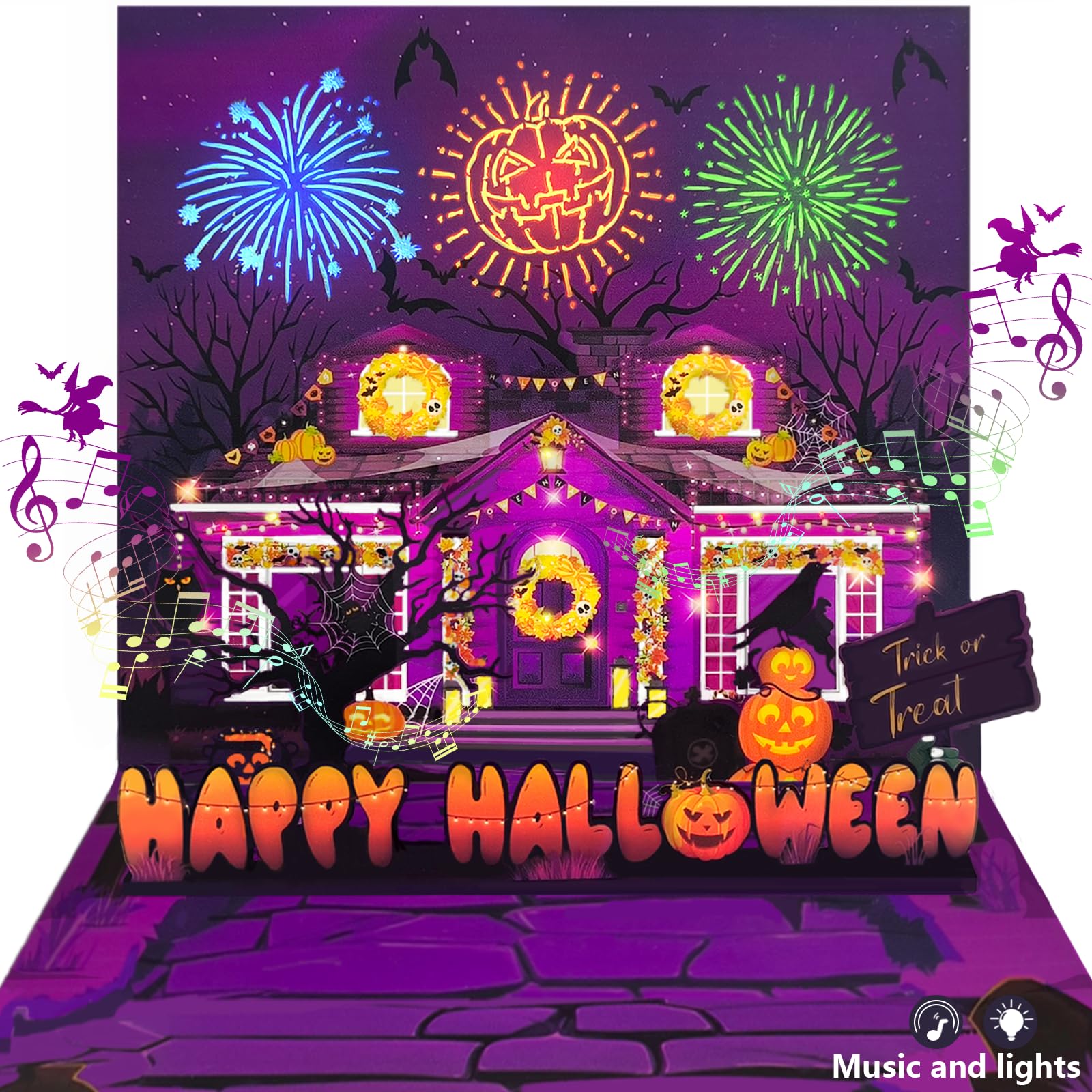 DTESL Halloween card，with firework light and music, 3D pop-up halloween card for Kids, Friend, Boyfriend, Girlfriend, Husband, Him, Women，Halloween Holiday Cards (Purple)